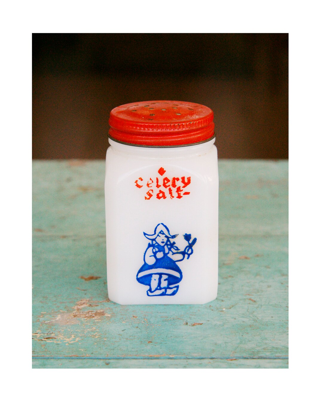 Vintage Dutch Milk Glass Celery Salt Shaker: Girl With Tulip, Red Metal ...