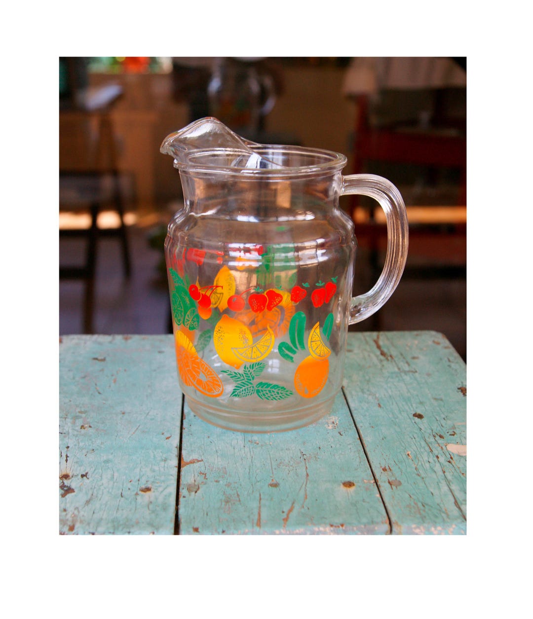 Vintage Fruit Design Glass Pitcher Rainbow Fruit With Ice Lip 2 Qt Iced ...