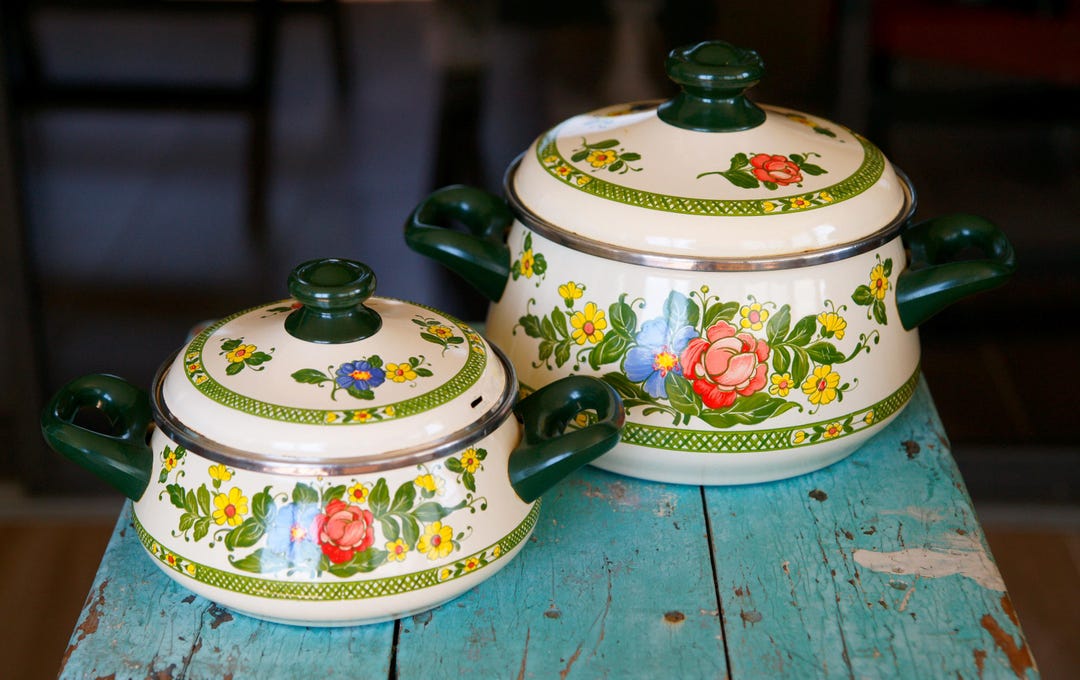 Vintage Fissler Asta Enamelware Stockpots: Floral German Cookware Set ...