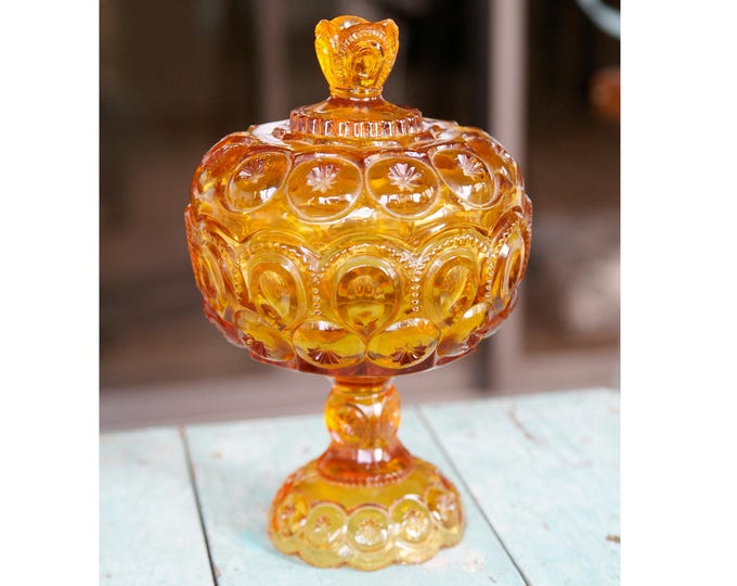 Vintage LE Smith Moon & Stars Amber Brown Pedestal Candy Dish With Lid ...