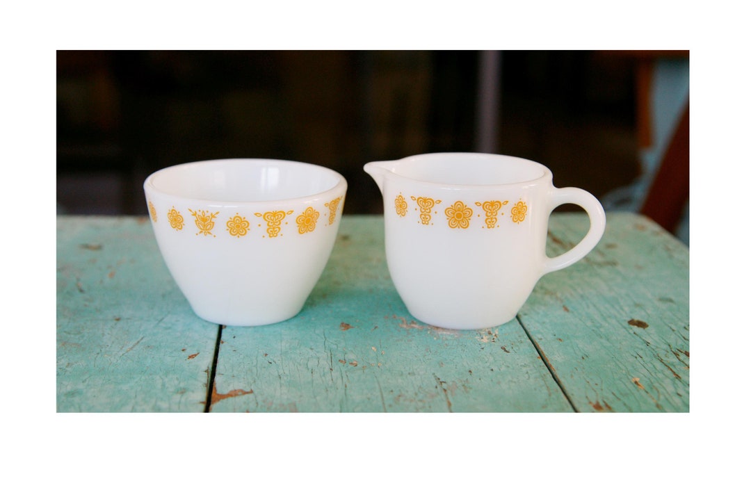 Vintage Pyrex Milk Glass Butterfly Gold Creamer Cup and Sugar Dish ...