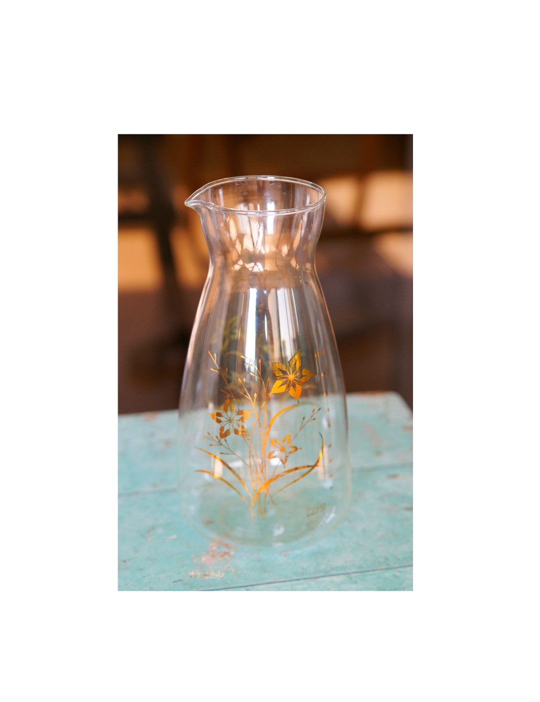 Vintage Pyrex Glass Juice Carafe Gold Floral Design 9.75" High 48oz ...