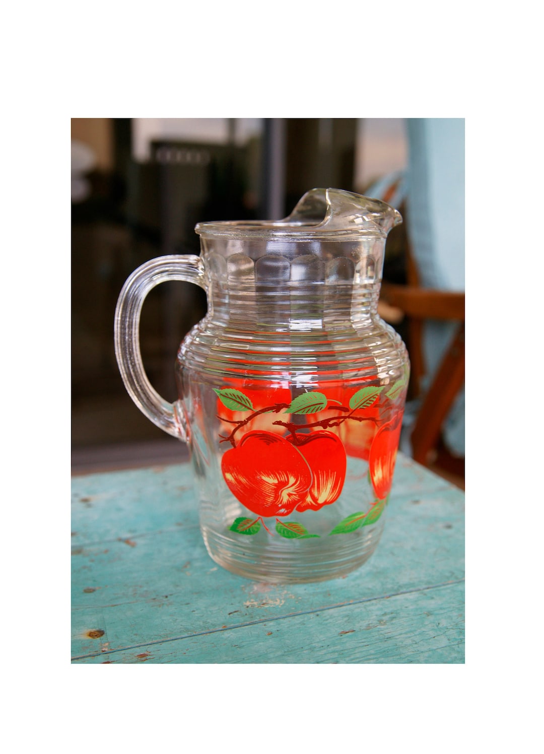 Vintage Red Apples Glass Pitcher With Ice Lip 2 Qt Iced Tea Water ...