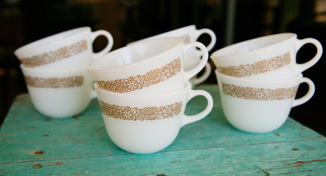 Vintage Pyrex Woodland Pattern Milk Glass Corning Cups Coffee Mugs ...
