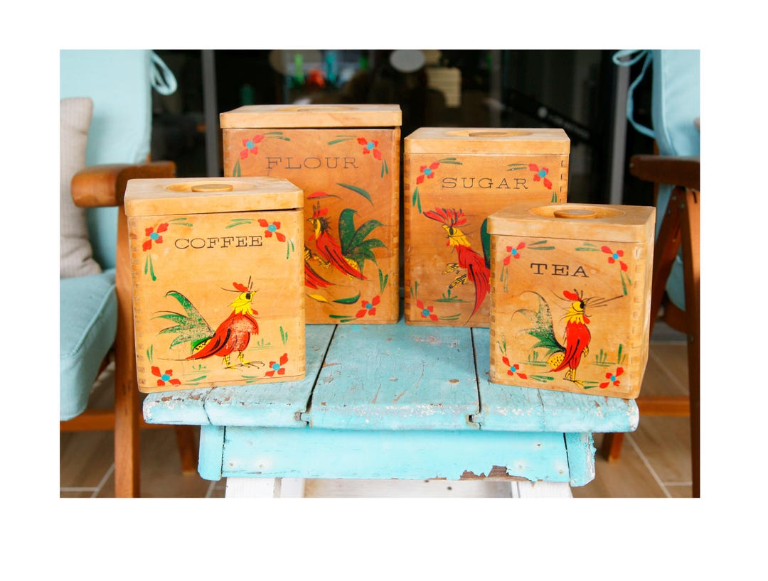 Vintage Rooster & Hen Wooden Canister Set Complete Set of 4 Wood ...