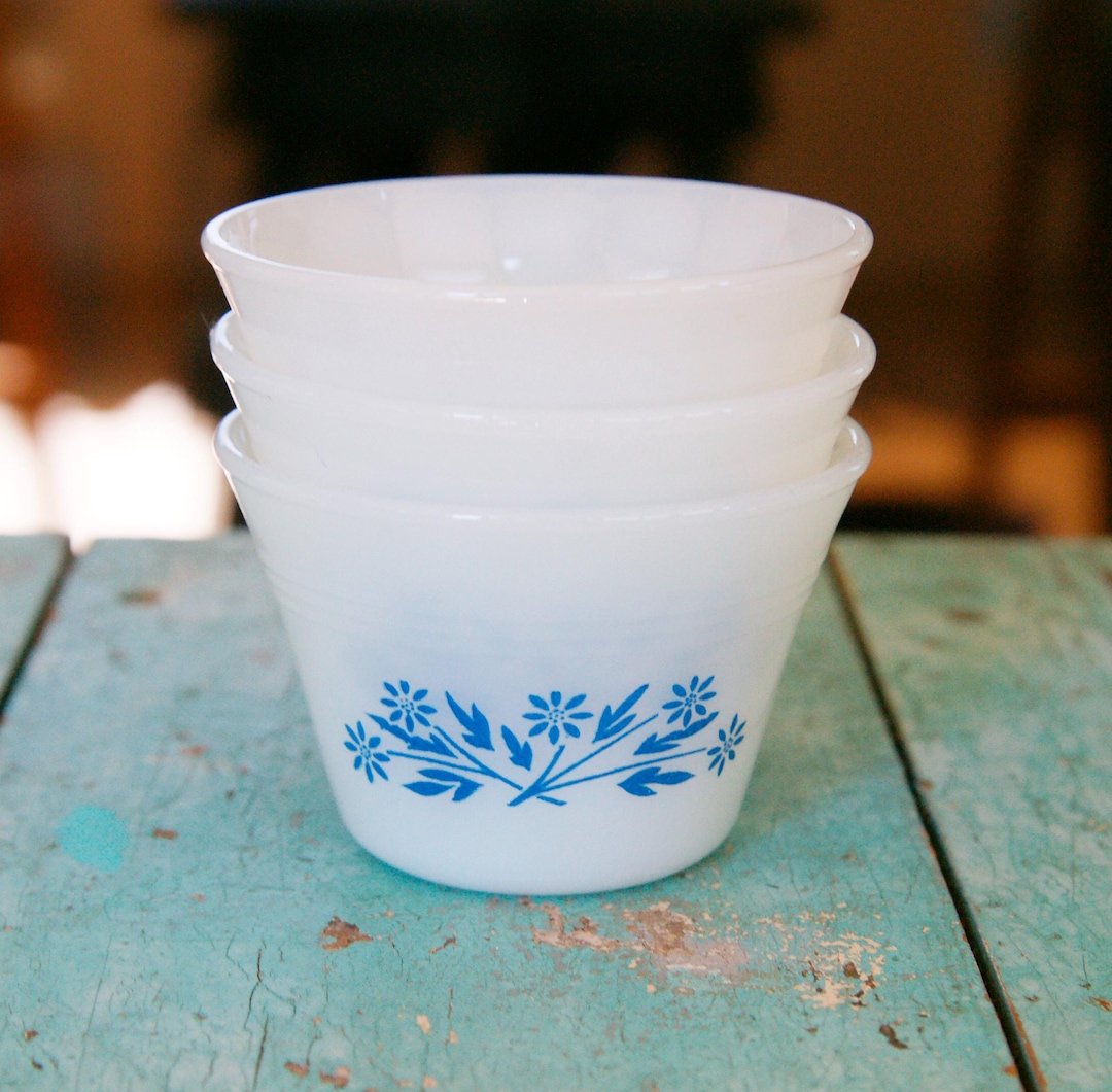 Vintage Dynaware Blue Flower Milk Glass Ramekin Cups Custard Cornflower Dishes Set of 3 175 Ml ...