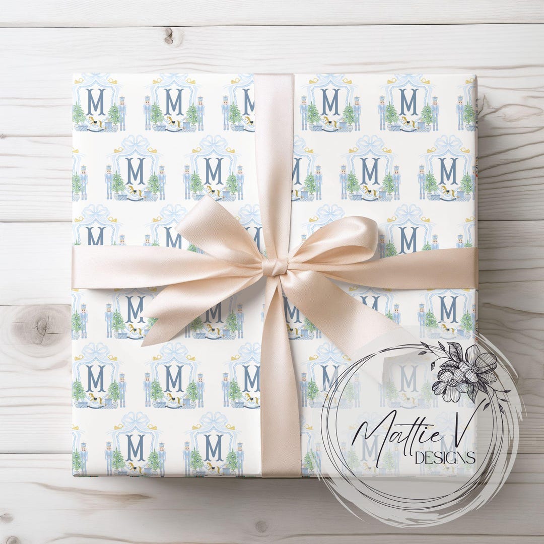 Nutcracker Crest Wrapping Paper | Light Blue Christmas Gift Wrap | Toy ...