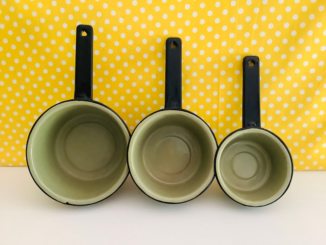 Vintage Enamel Pans, Enamelware Pots, Olive Green Pans, Lot of Pans ...