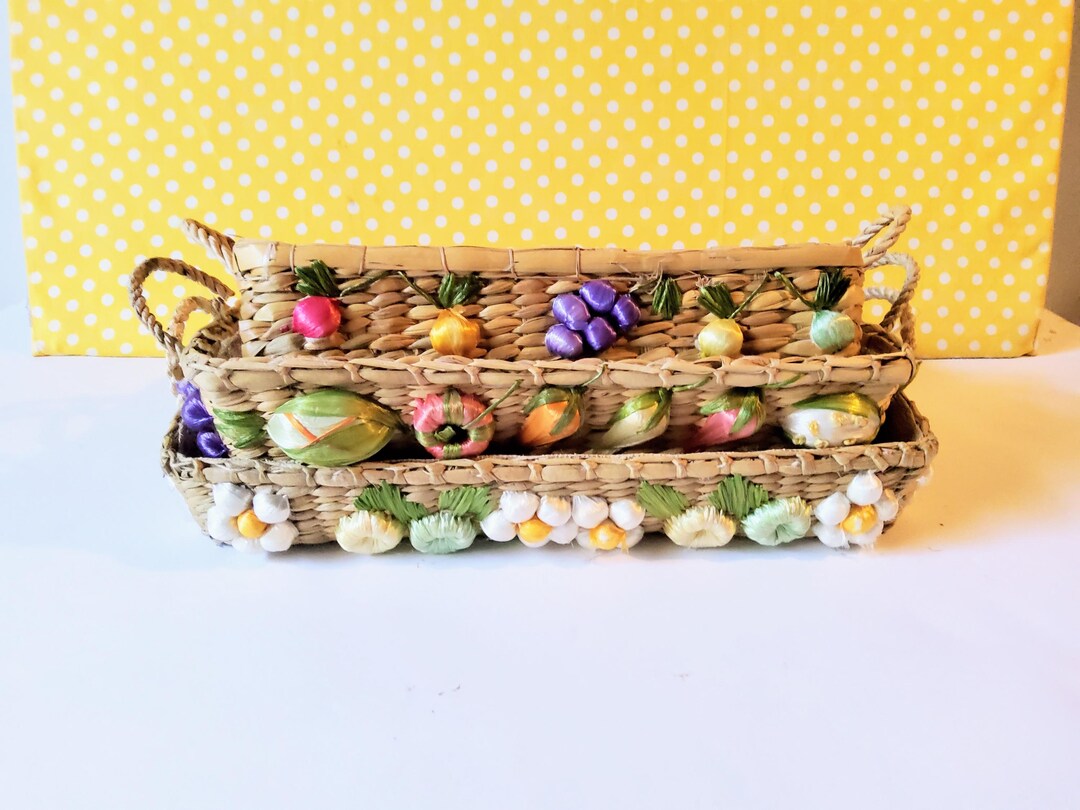 Vintage 3 Piece Wicker Fruit Basket, Woven Baskets, Pyrex Holder, 9 X ...