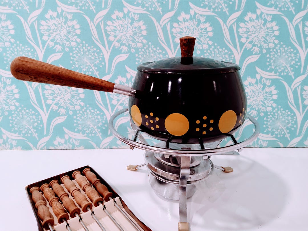 Vintage Swiss Fondue Pot, MCM, Heavy Pot, Enamel Fondue Pot, Black and ...