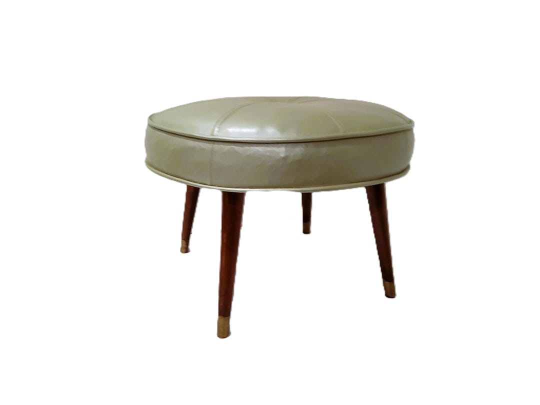 Mid Century Green Footstool, Round, Wooden Legs, Foot Stool, MCM ...