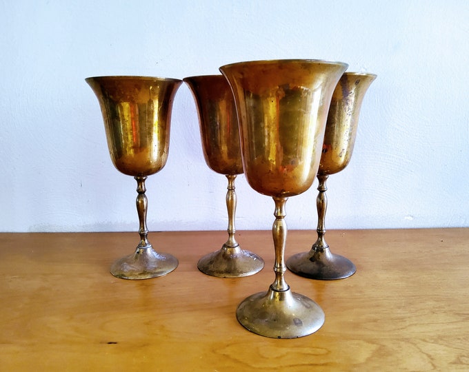 4 Brass Goblets, Brass Wine Glasses, Brass Stemware, Brass Decor, Gold ...