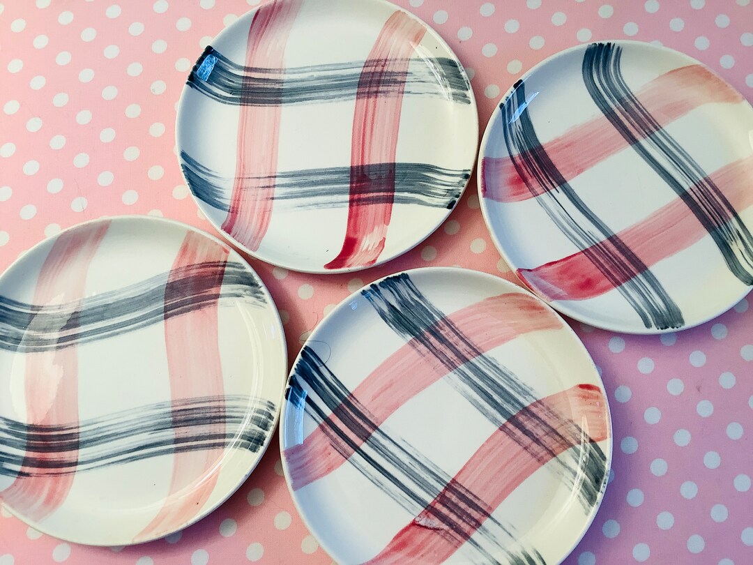 4 Small Bread Plates, Stetson Scots Clan, PINK and Gray, Pink Grey ...