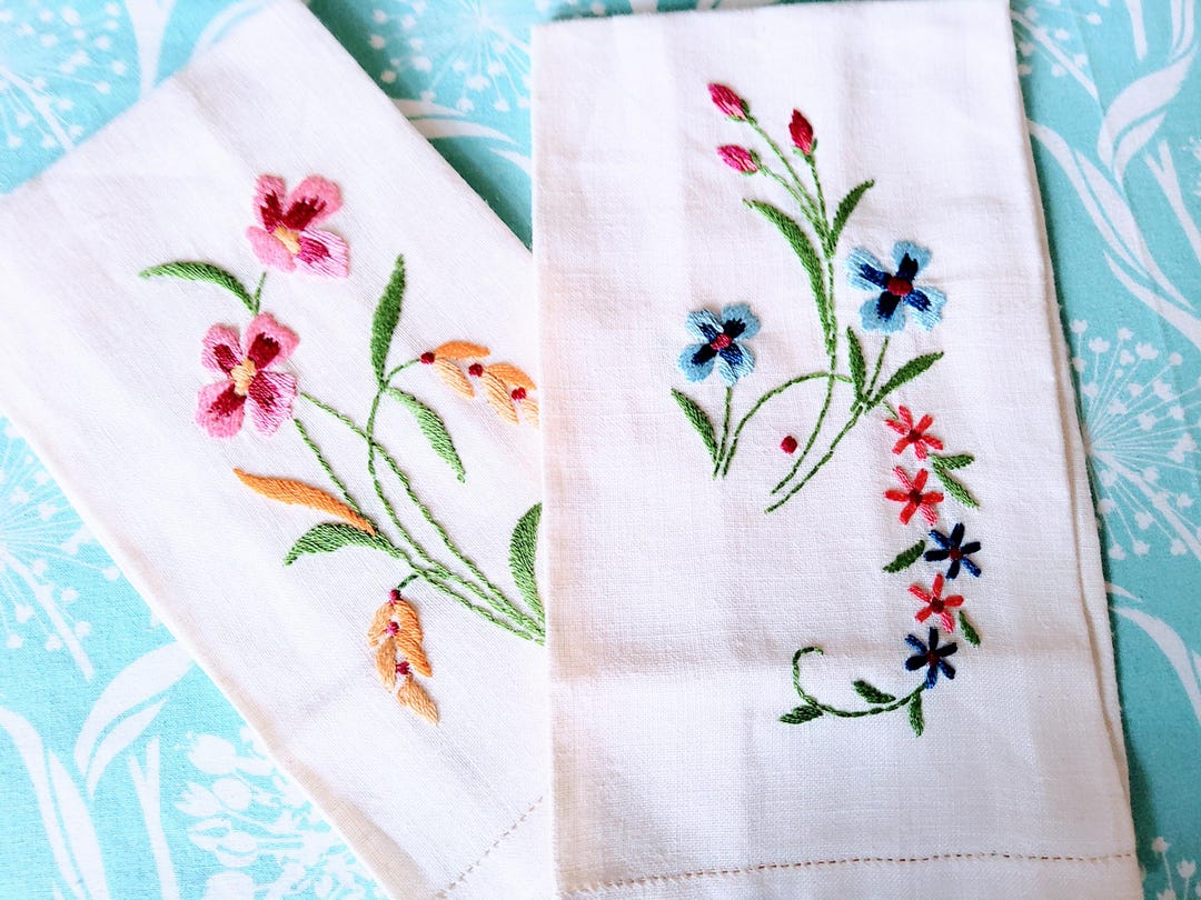 NOS Embroidered Hand Towel, Pink, Appliqued Tea Towel, Handmade, Floral ...