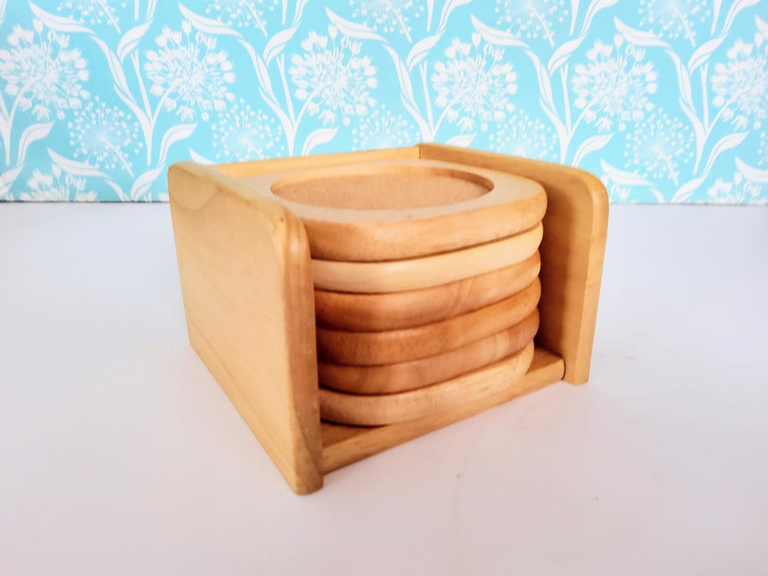 Vintage Oak Coaster Set With Holder, Blond Wood & Cork - Etsy