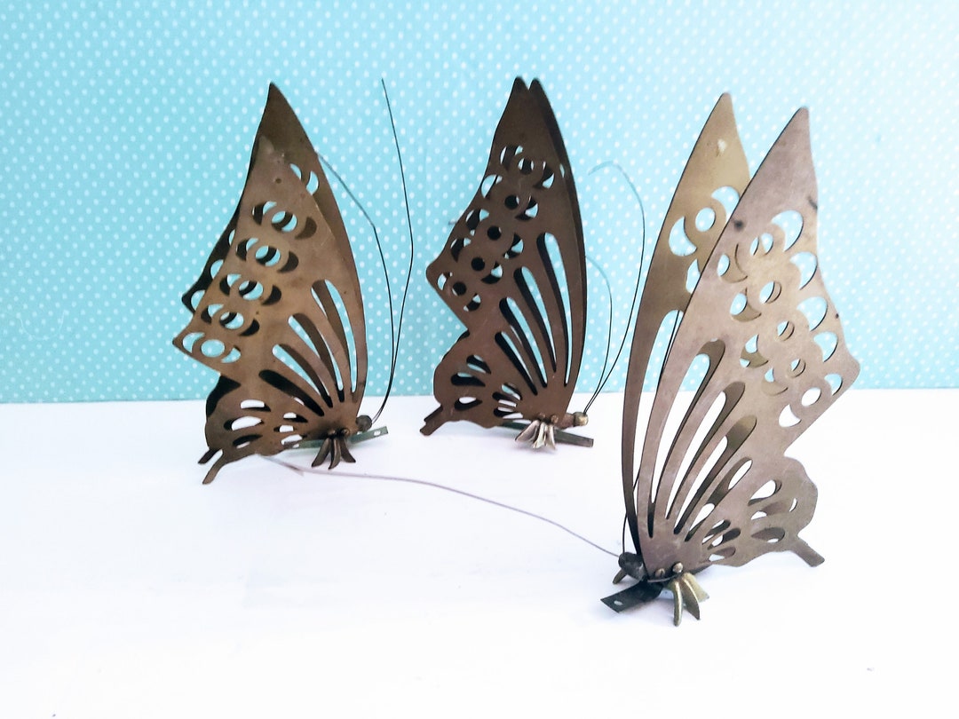 Set of Three Brass Butterflies, Wall Butterflies, Shelf Sitters, 3-d ...