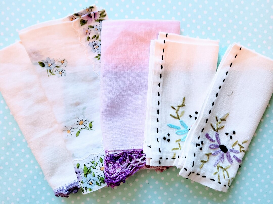 Lot of 5 Vintage Hankies (10B), Vintage Handkerchiefs, Purple Hankies ...