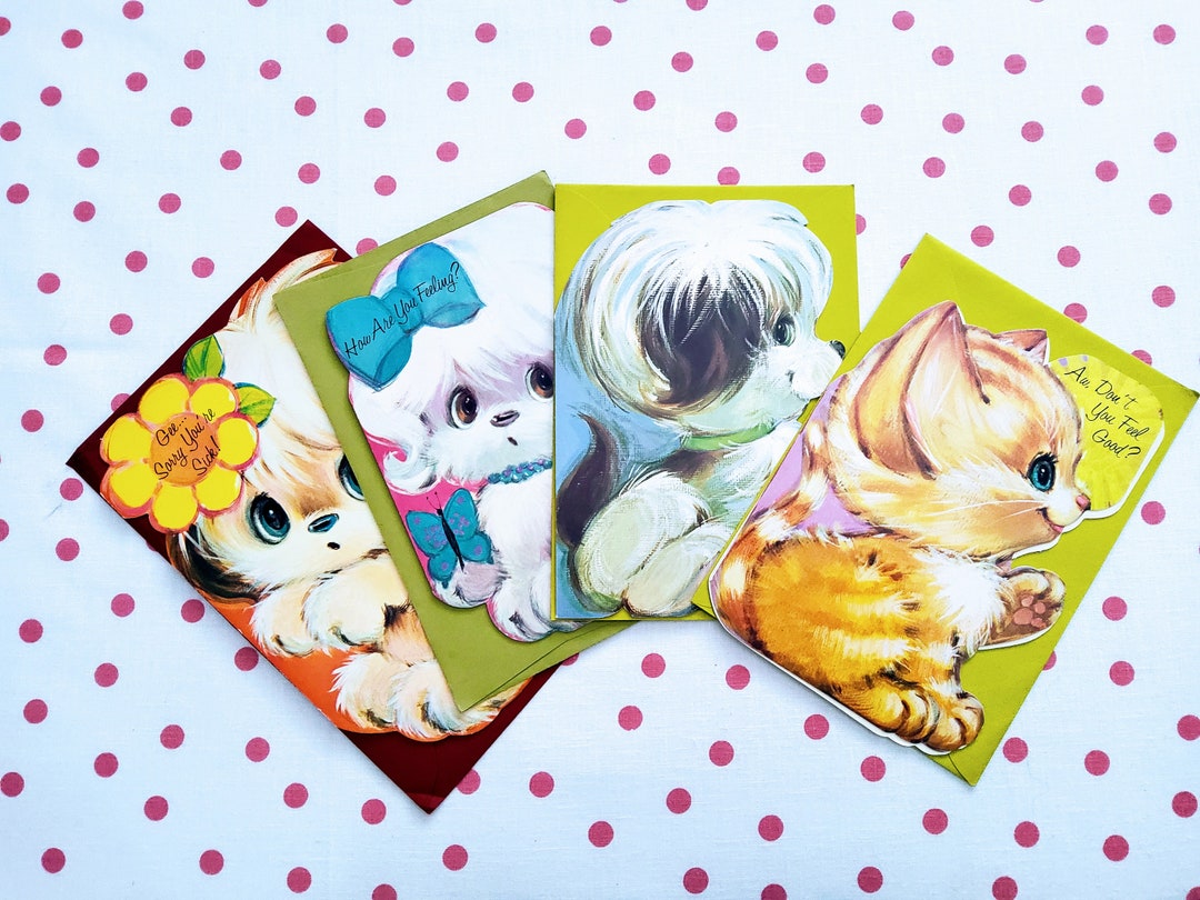 4 Vintage Get Well Cards, Large Cards, Retro Cards With Cute Animals ...