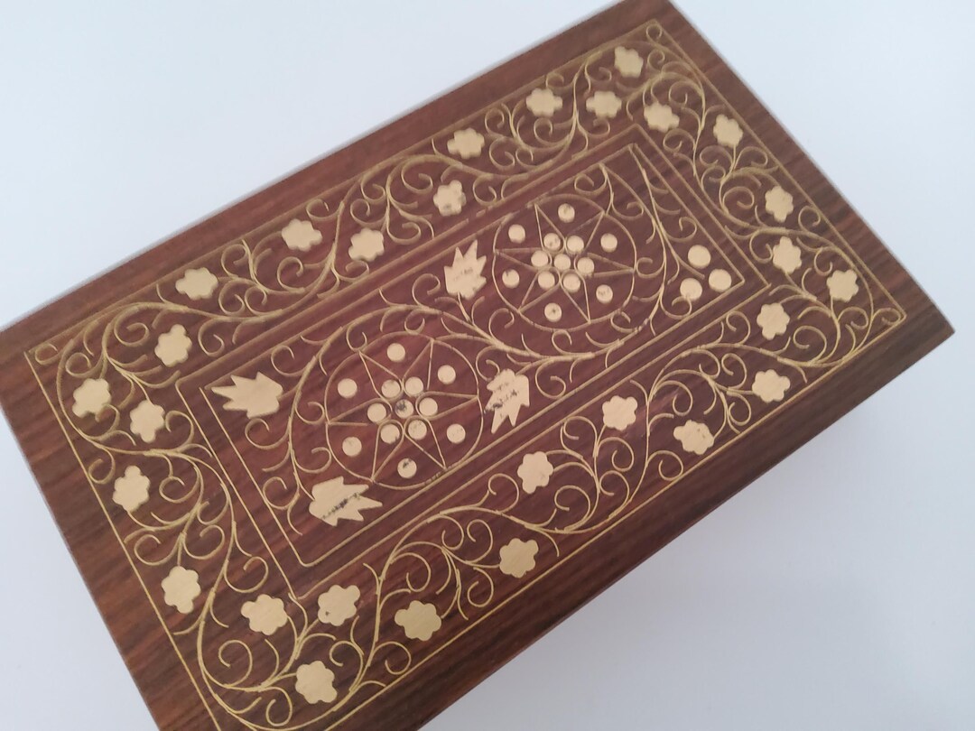 Brass Inlay Wooden Box, Made in India, Wood Box, Gold Painting, Boho ...