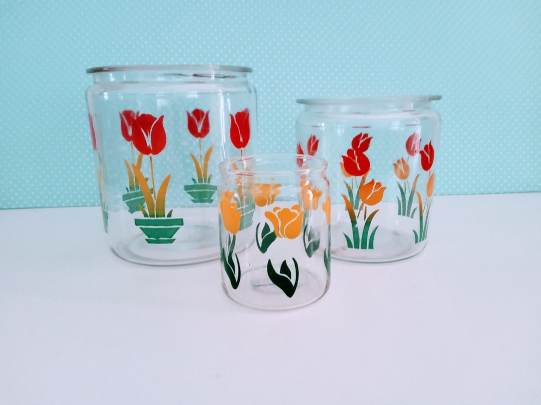 3 Anchor Hocking Tulip Canisters, Tulip Jars, Glass Canisters, Glass ...