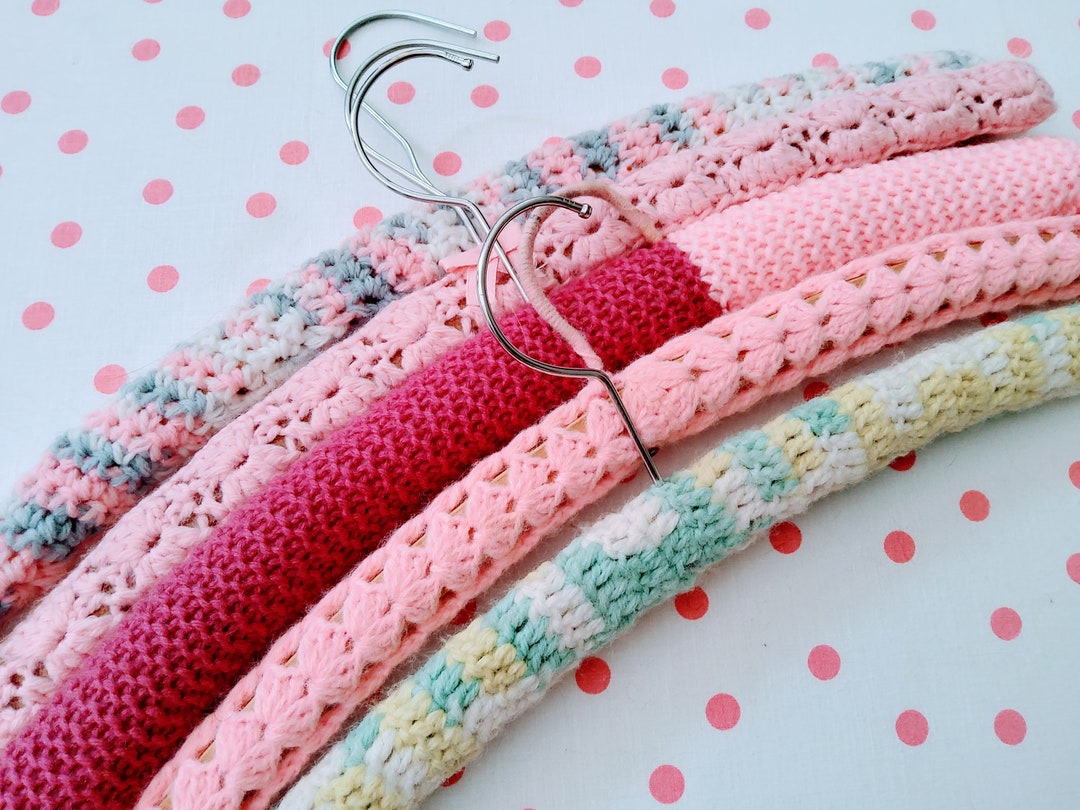 5 Retro Hangers, Green and Pink Crocheted Hangers, Granny Chic Clothes ...