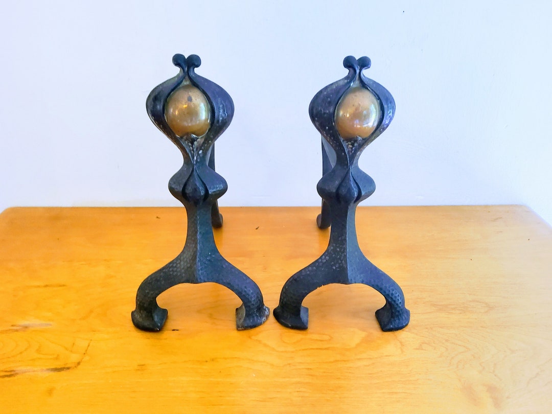 Pair of Art Nouveau Andirons, Firedogs, Brass and Cast Iron, Cast Metal ...