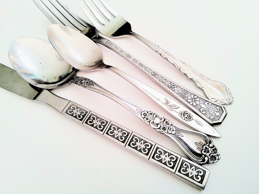 Mismatched Flatware, 8 Place Setting, Stainless Steel, Retro Flatware ...