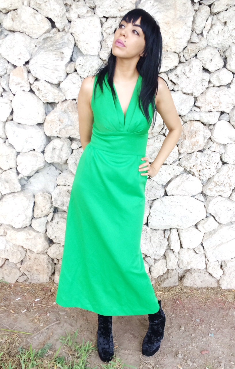 Vintage 70s Green Polyester Maxi Dress S // M - Etsy