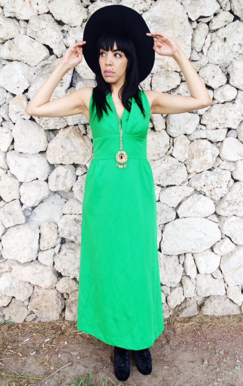 Vintage 70s Green Polyester Maxi Dress S // M - Etsy