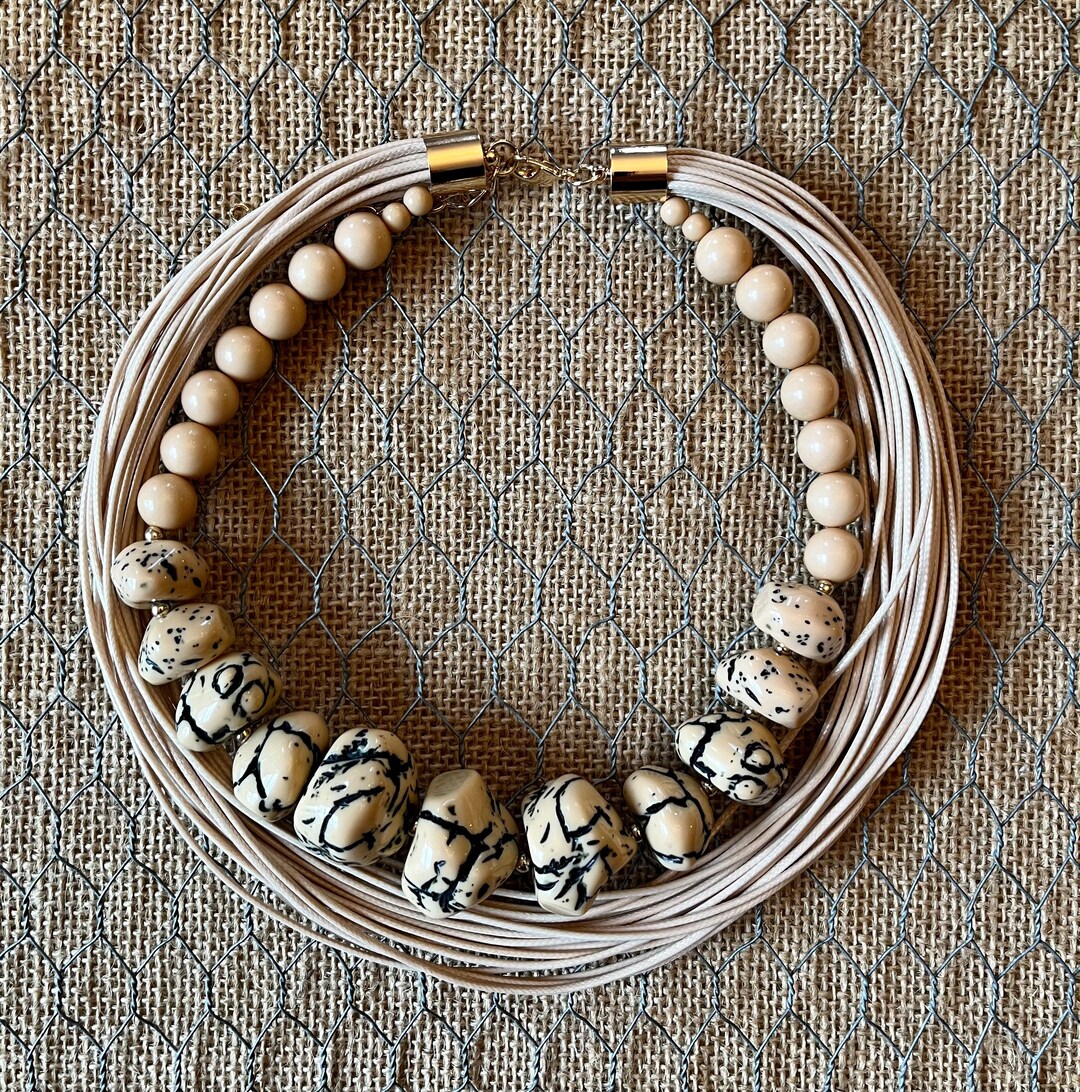Beige and Black Multi Strand Bubble Braided Bead Bib Cascade Chunky ...