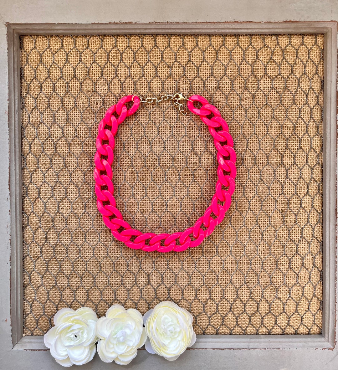 Hot Pink Mini Chunky Chain Link Resin Statement Adjustable Necklace ...