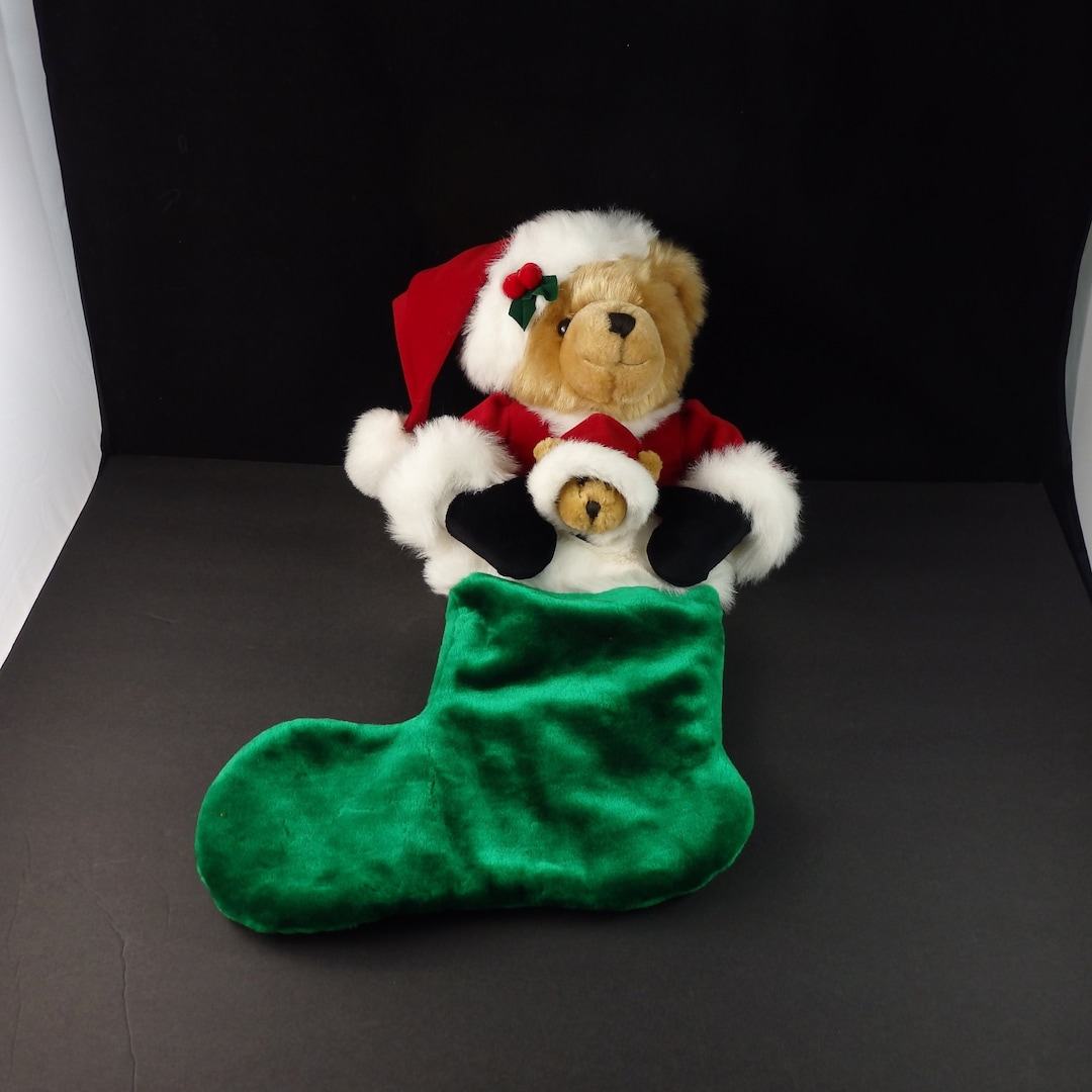 Vintage Teddy Bear Plush Stocking, Santa Claus Bear Christmas Stocking ...