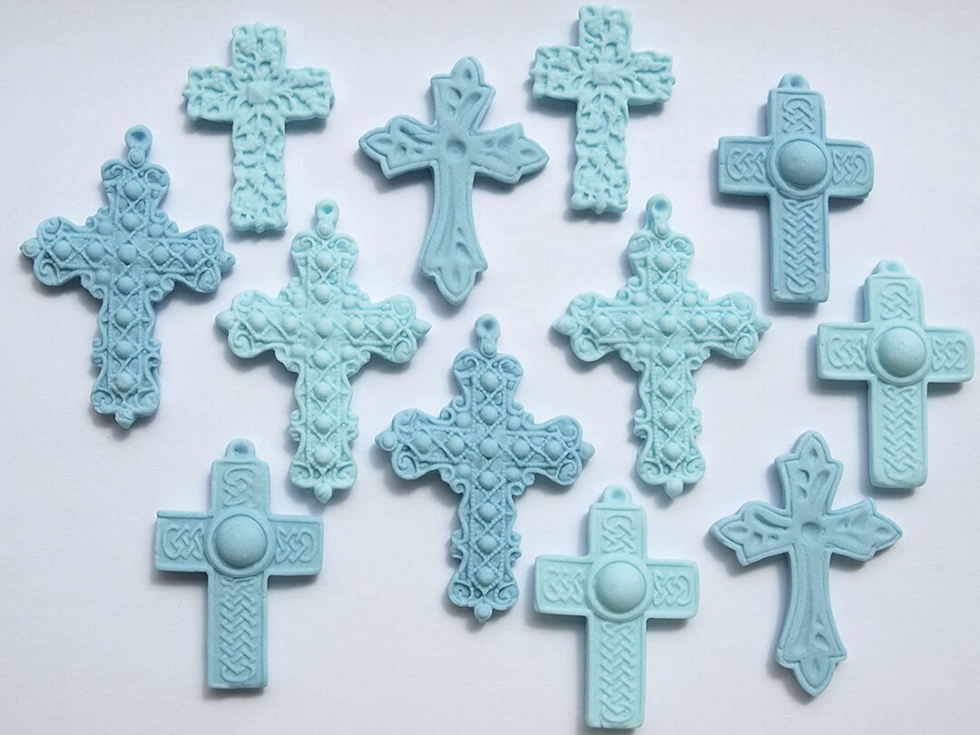 12x Edible Cross Blue Christening Baptism Cupcake Cake Toppers Fondant ...