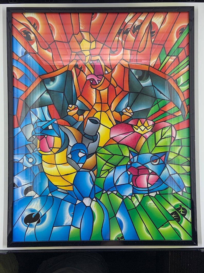 PKMN Kanto Starter Final Evolutions Stained Glass Style Energy Card Art ...