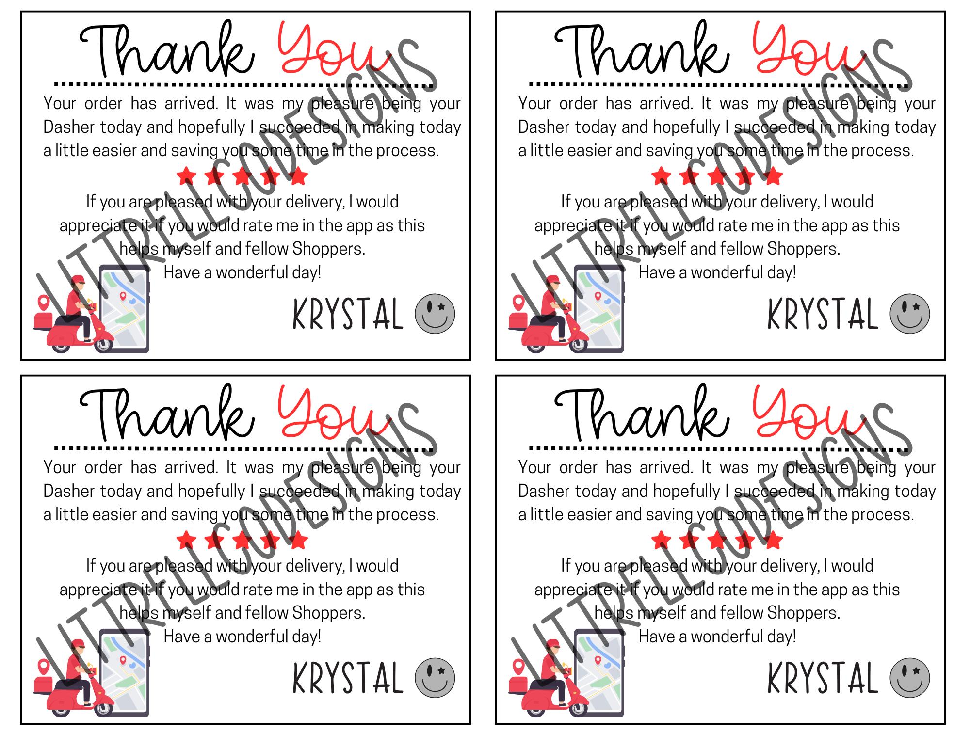 Personalized Doordash Thank You Cards: Food Delivery Dasher Note ...