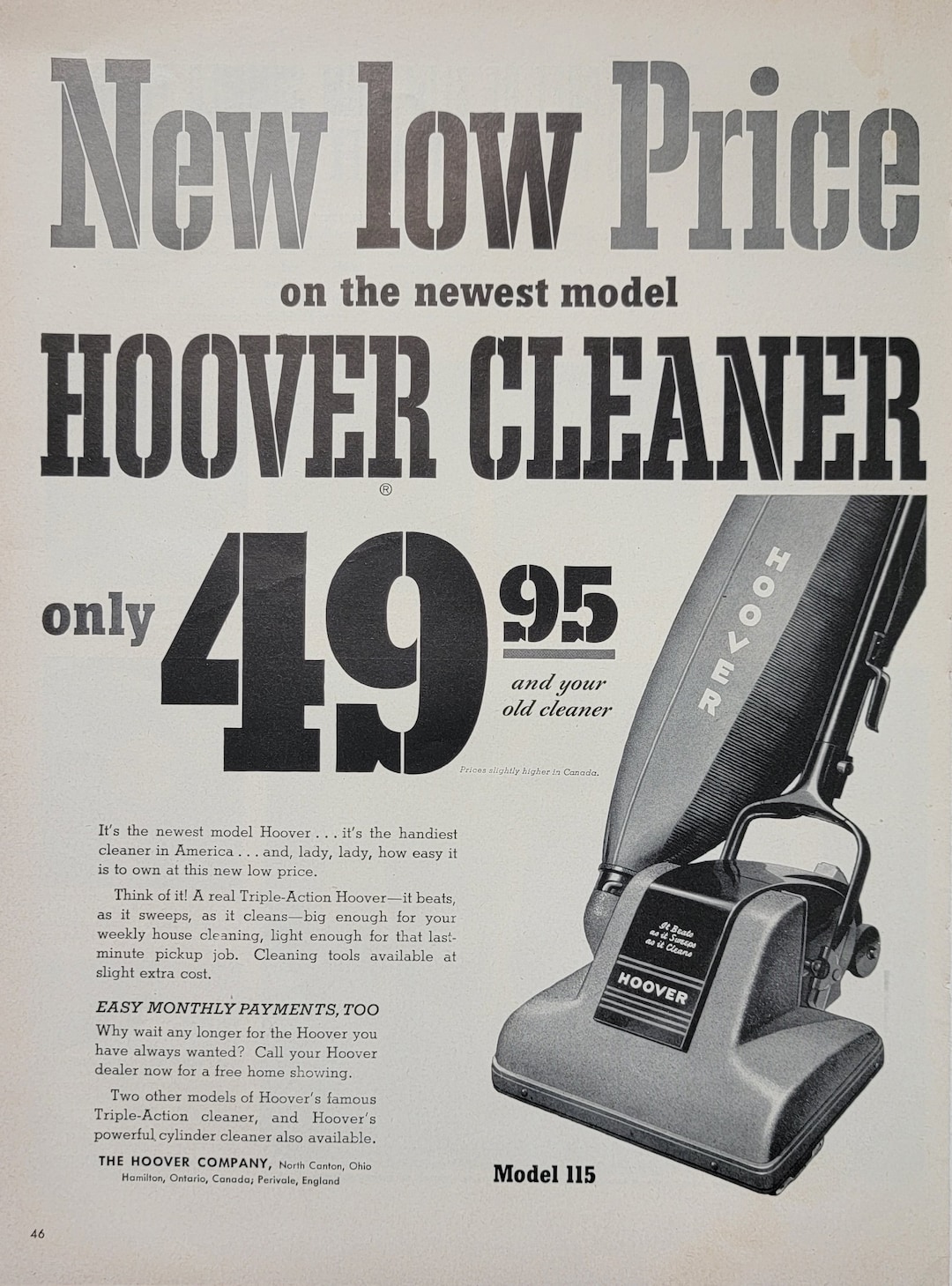 1949 Hoover Vacuum Cleaners Vintage Advertisement Laundry Room Wall Art ...