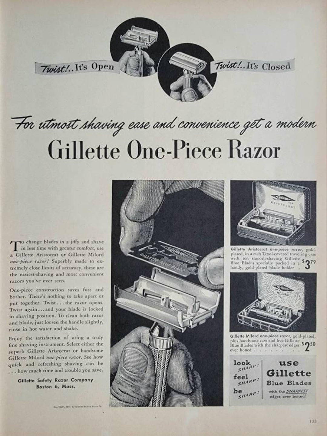 1947 Gillette One Piece Razor Vintage Advertisement Bathroom Wall Art ...