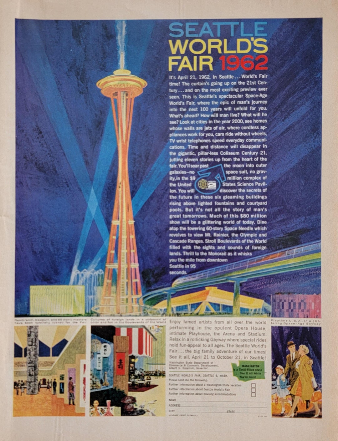 1961 Seattle 1962 Worlds Fair Vintage Advertisement Travel Agency Wall ...