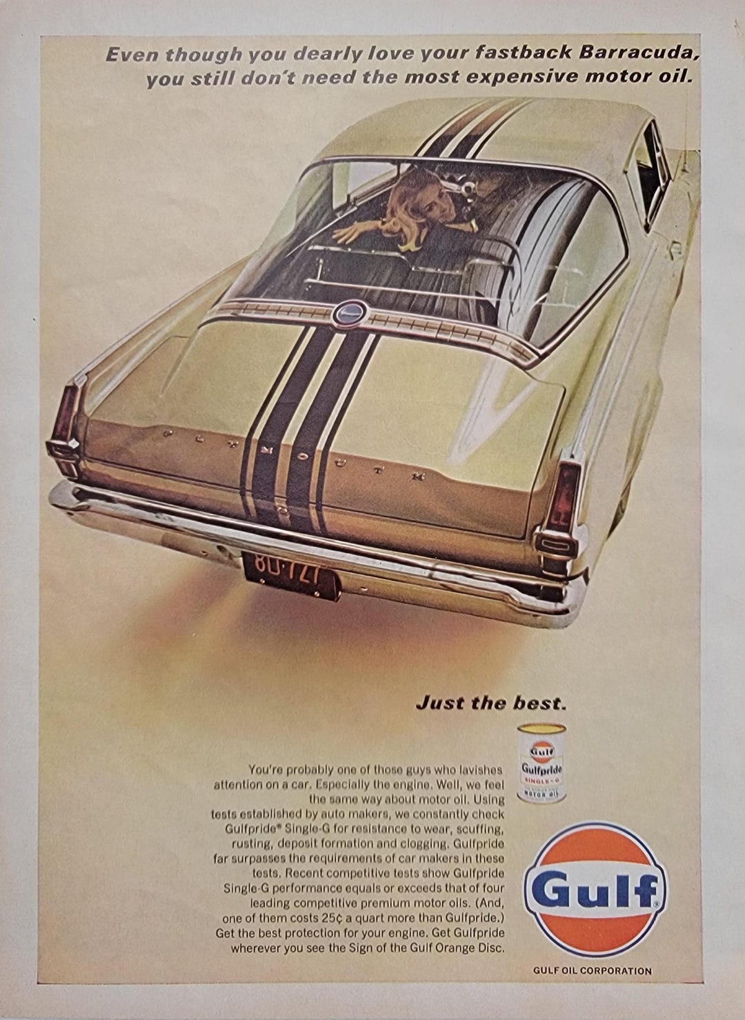 1966 Gulfpride Motor Oil Vintage Advertisement Gulf Oil Plymouth ...