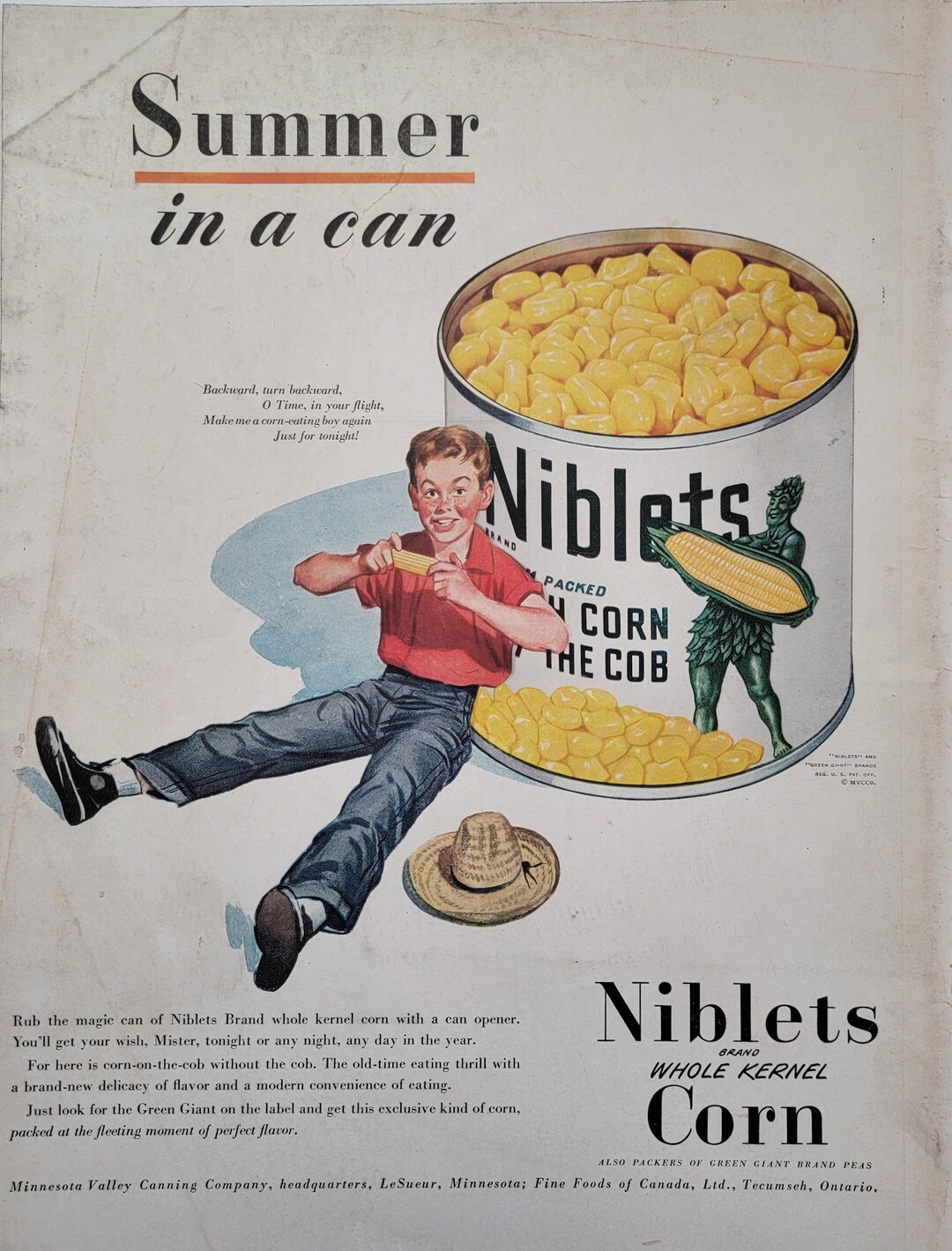 1947 Green Giant Corn Ad: Vintage Kitchen Wall Art, Diner Decor ...