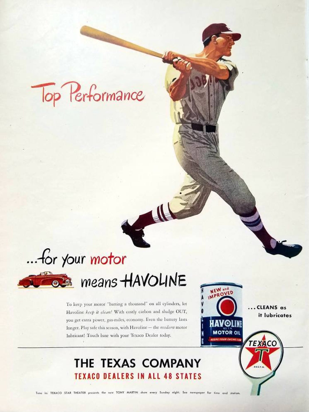 1947 Texaco Havoline Motor Oil Vintage Advertisement Baseball Wall Art ...