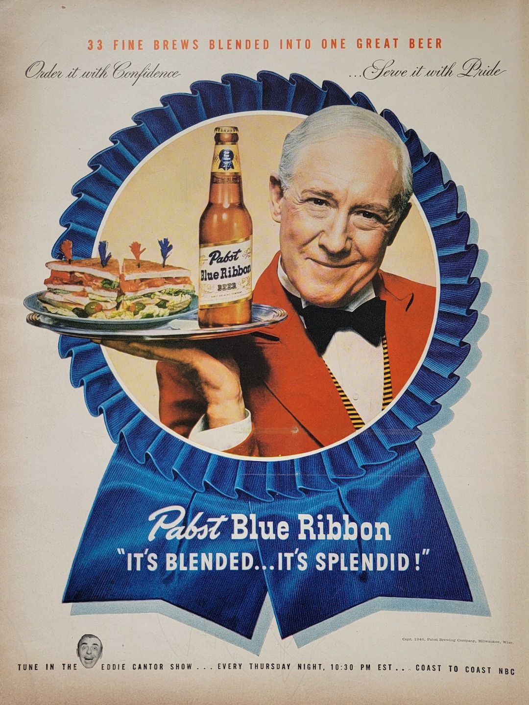 1946 Pabst Blue Ribbon Beer Vintage Advertisement Kitchen Decor Man ...
