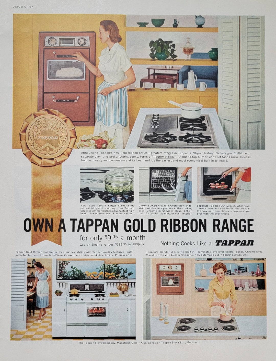 1957 Tappan Gas Range Vintage Magazine Advertisement Kitchen Wall Art Cooking Decor Appliance ...