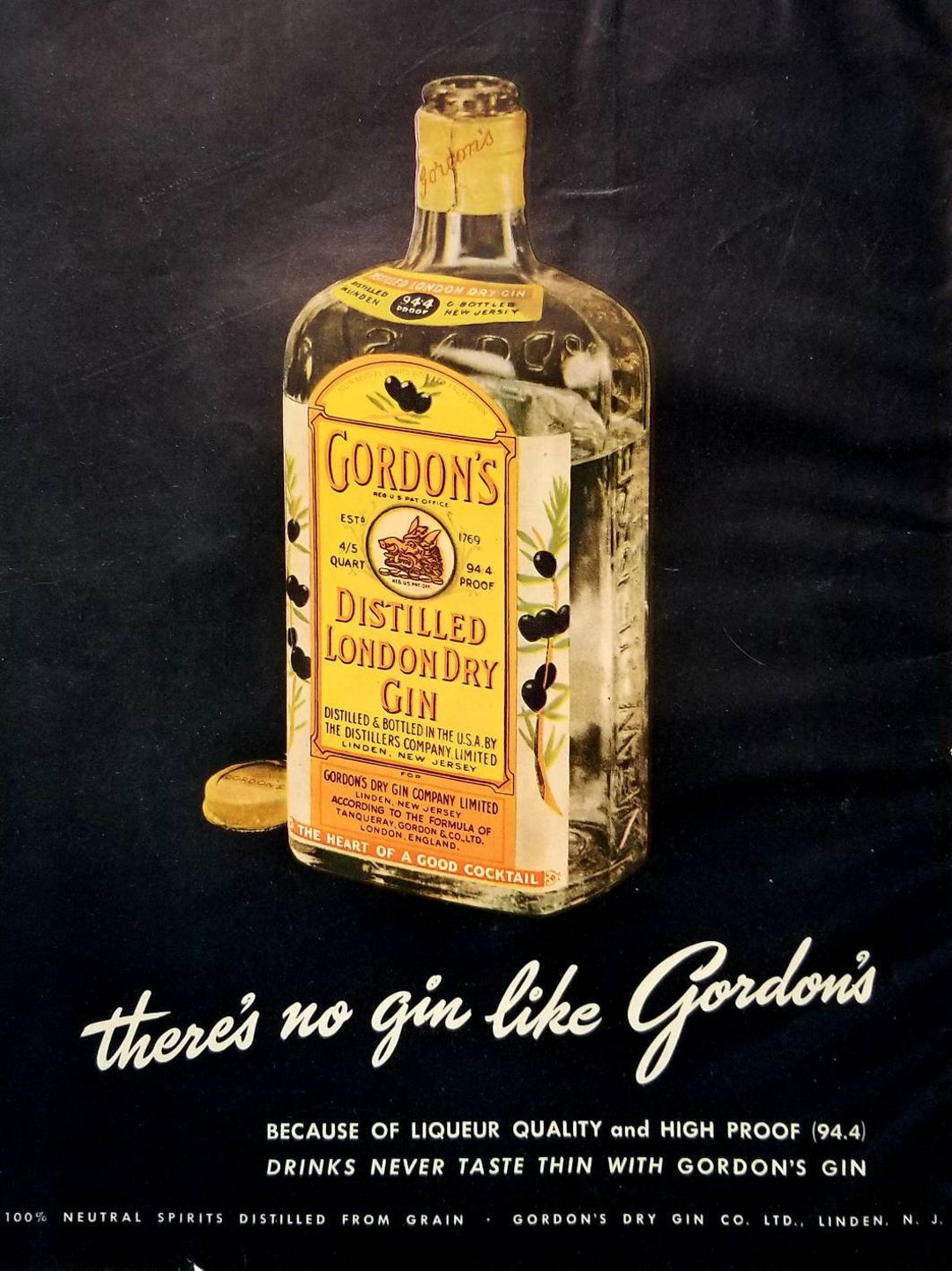1947 Gordons Gin Vintage Advertisement Bar Wall Art Man Cave Decor Game ...