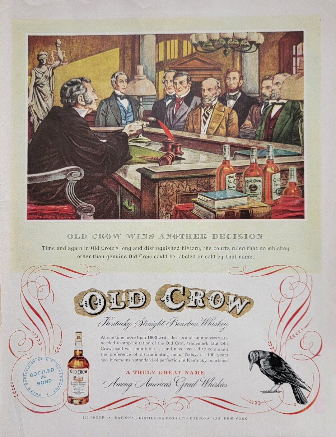 1950 Old Crow Kentucky Bourbon Whiskey Vintage Advertisement Bar Wall ...