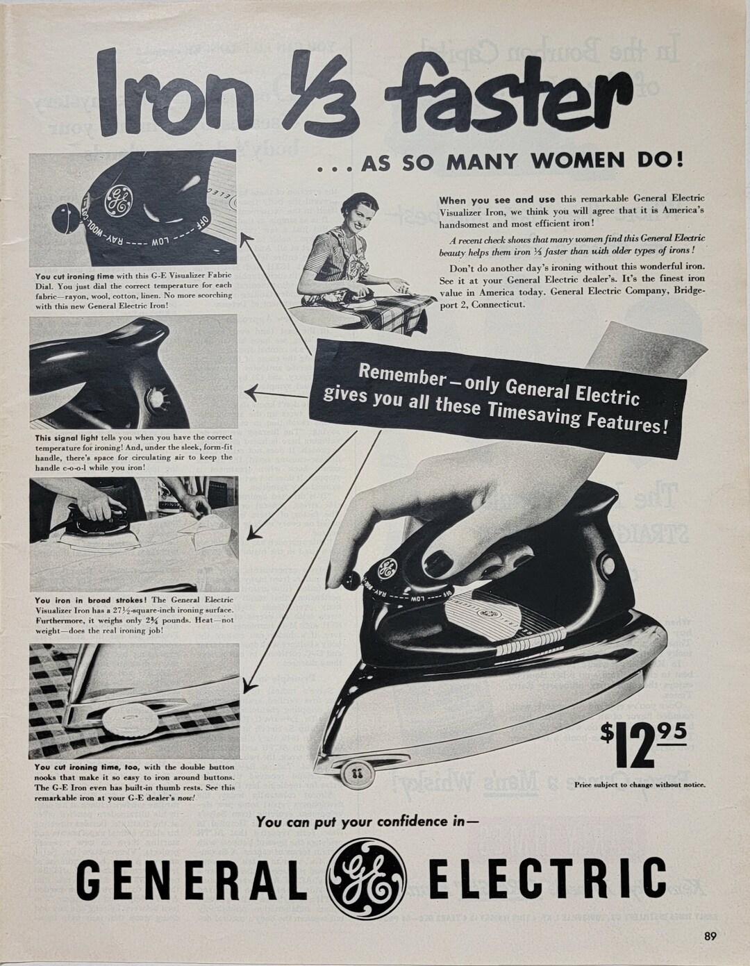 1951 General Electric Iron Vintage Advertisement Laundry Room Wall Art ...