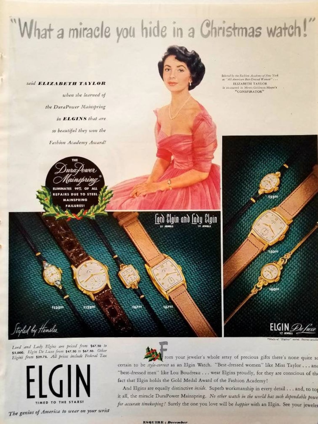 1949 Elgin Watches Vintage Advertisement Elizabeth Taylor Bedroom Wall ...