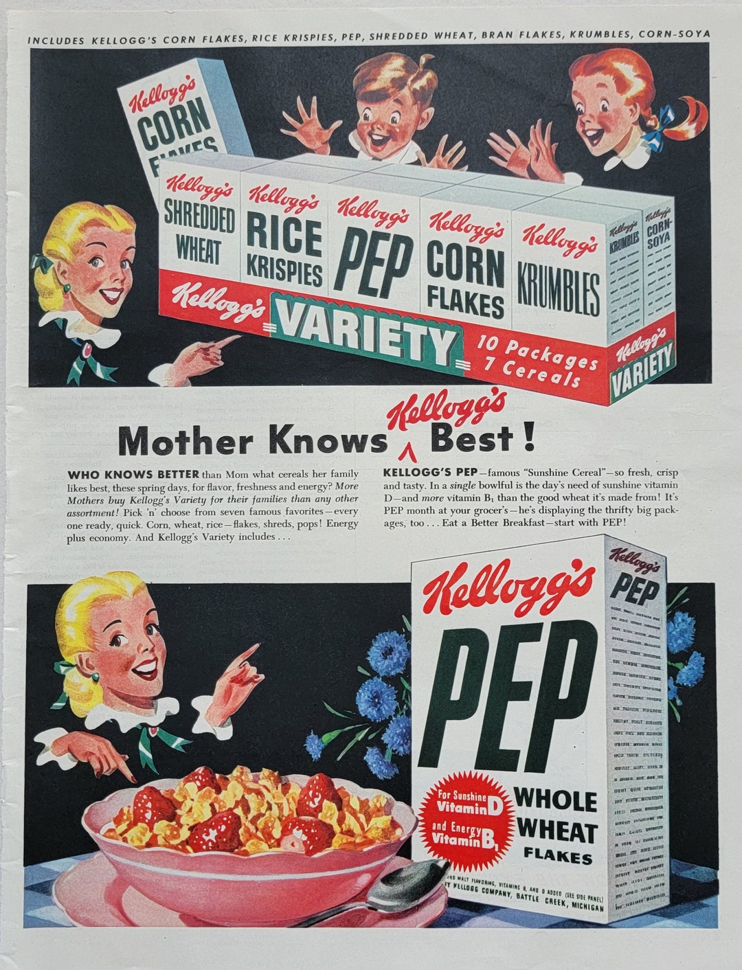 1948 Kellogg's Cereal Vintage Advertisement Kitchen Wall Art Dining ...