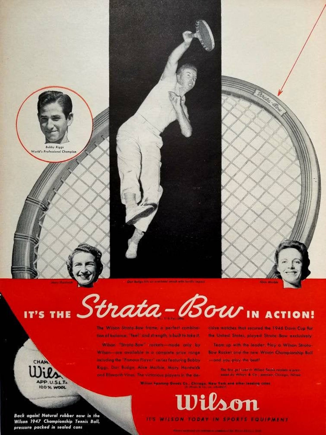 1947 Wilson Strata-Bow Tennis Racket Ad: Vintage Sports Decor Magazine ...