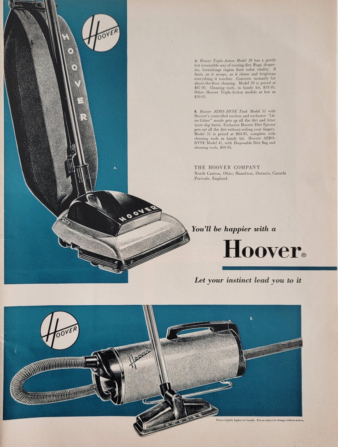 1951 Hoover Vacuum Cleaners Vintage Advertisement Laundry Room Wall Art ...
